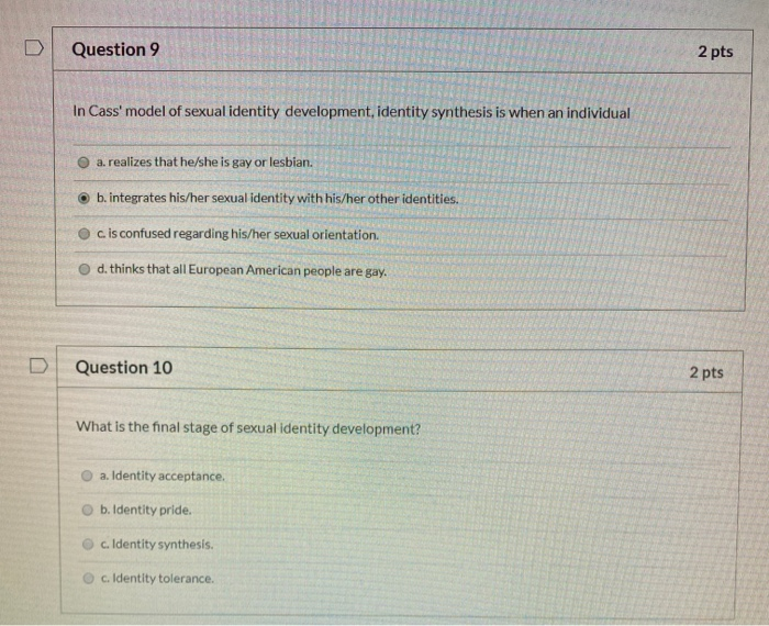Solved Question 9 2 pts In Cass' model of sexual identity | Chegg.com