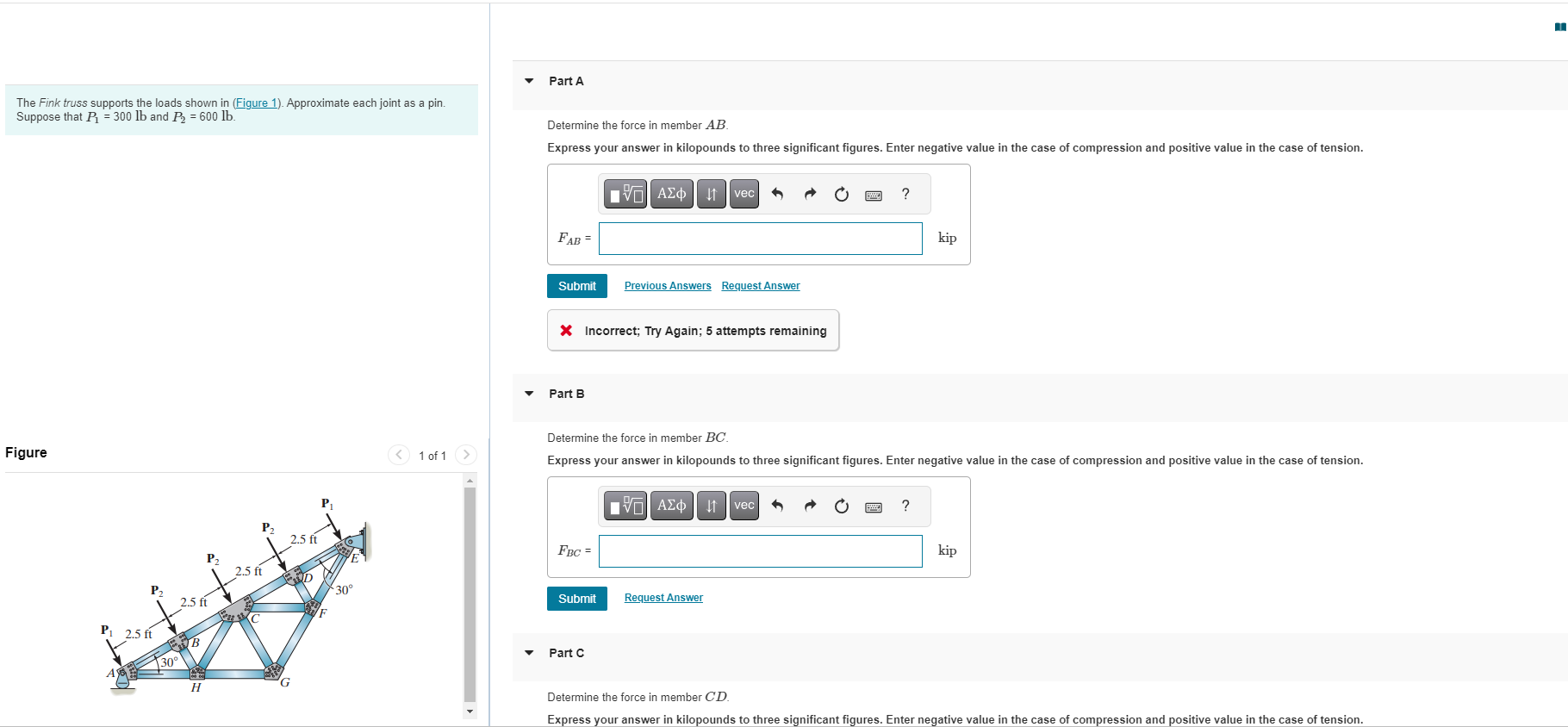 Solved The Fink truss supports the loads shown in (Figure | Chegg.com