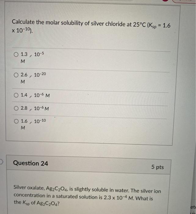 Solved Calculate the molar solubility of silver chloride at | Chegg.com