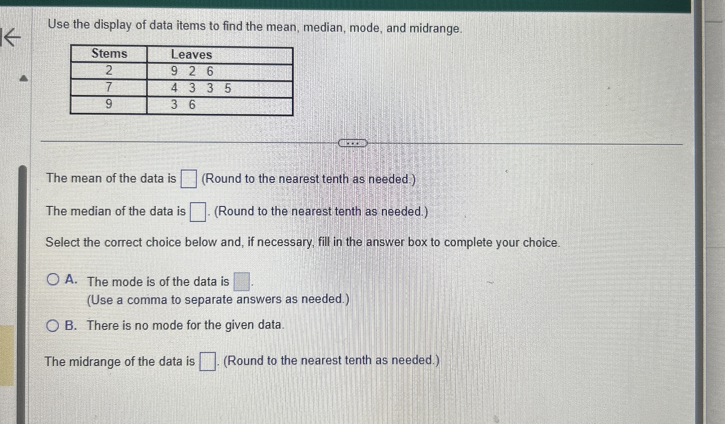 Solved Use the display of data items to find the mean, | Chegg.com