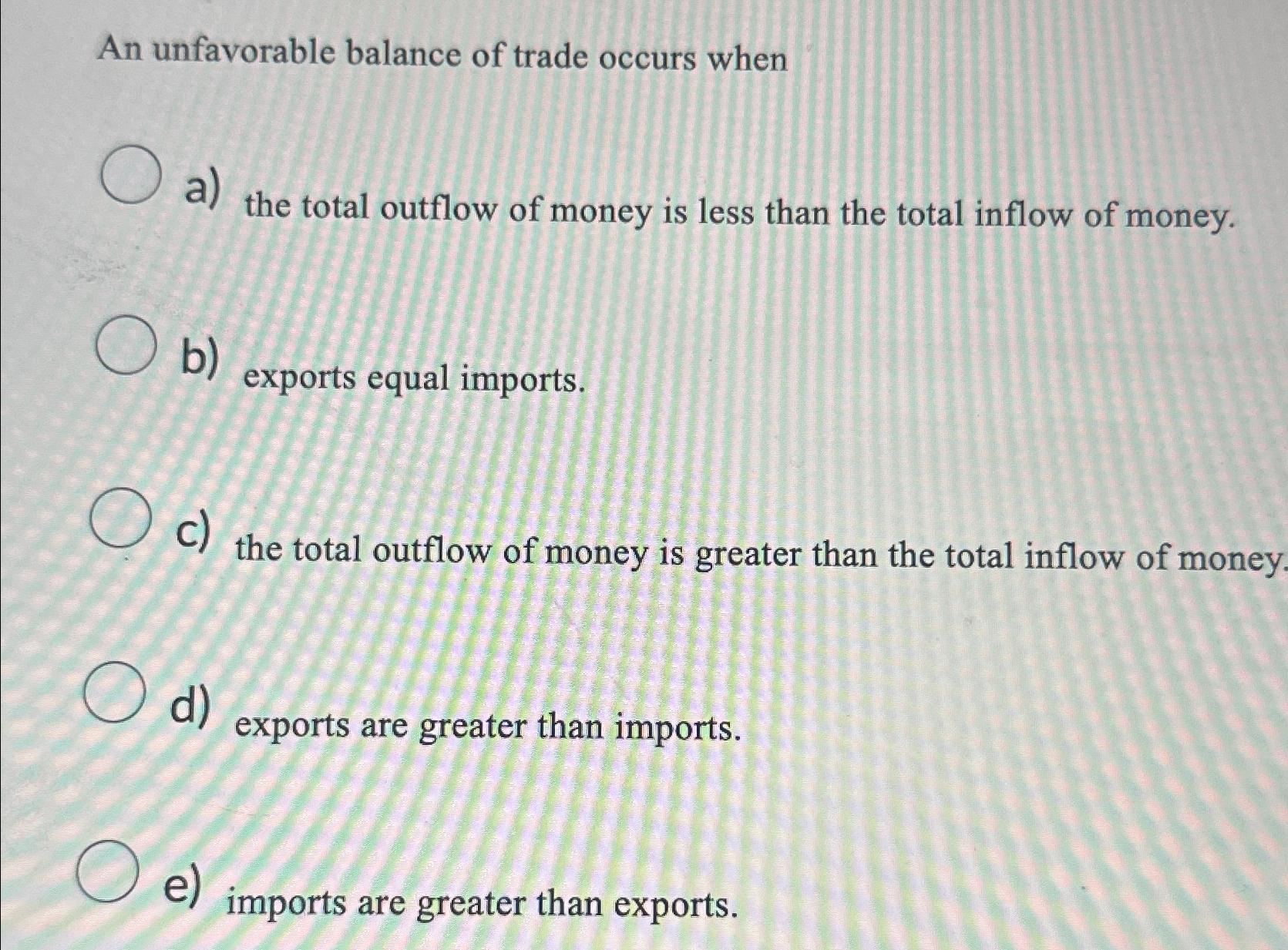 Solved An unfavorable balance of trade occurs whena) ﻿the | Chegg.com