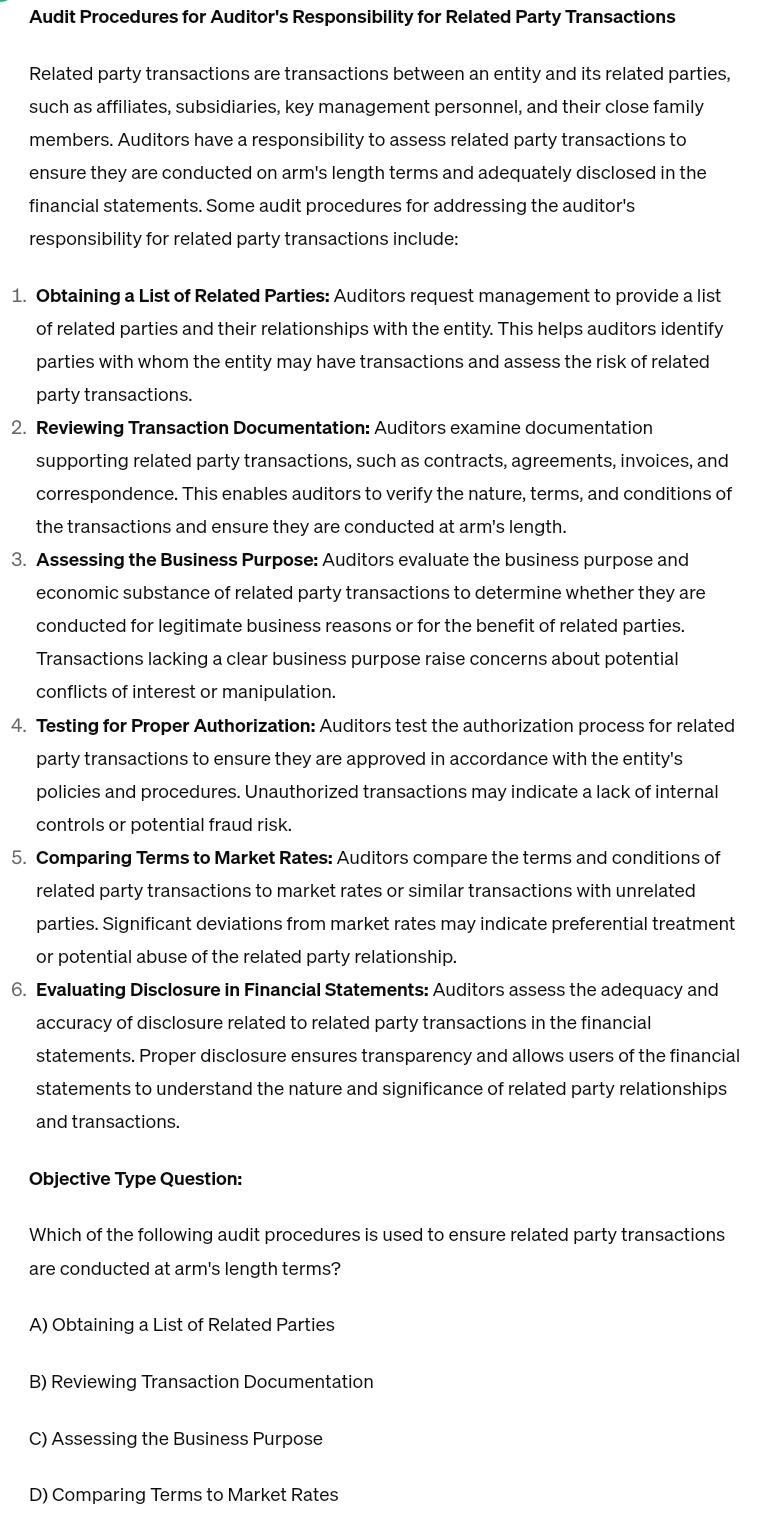 Solved Audit Procedures for Auditor's Responsibility for | Chegg.com