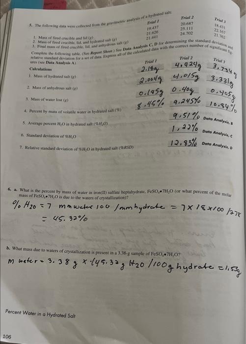 Experiment 5 Report Sheet Lob Sec Percent water in a | Chegg.com