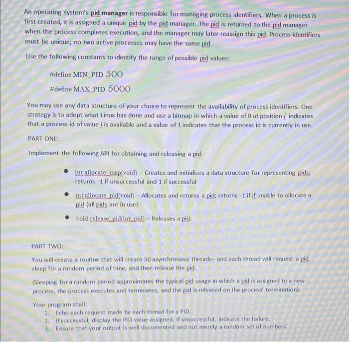 Solved An operating system's pid manager is responsible for | Chegg.com