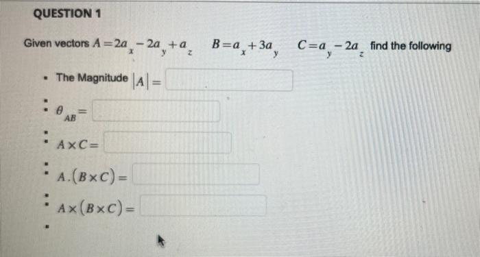 Solved Given vectors A=2ax−2ay+azB=ax+3ayC=ay−2az find the | Chegg.com