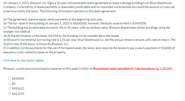 Solved On January 1, 2025, ﻿Blossom, Inc. signs a 10-year | Chegg.com
