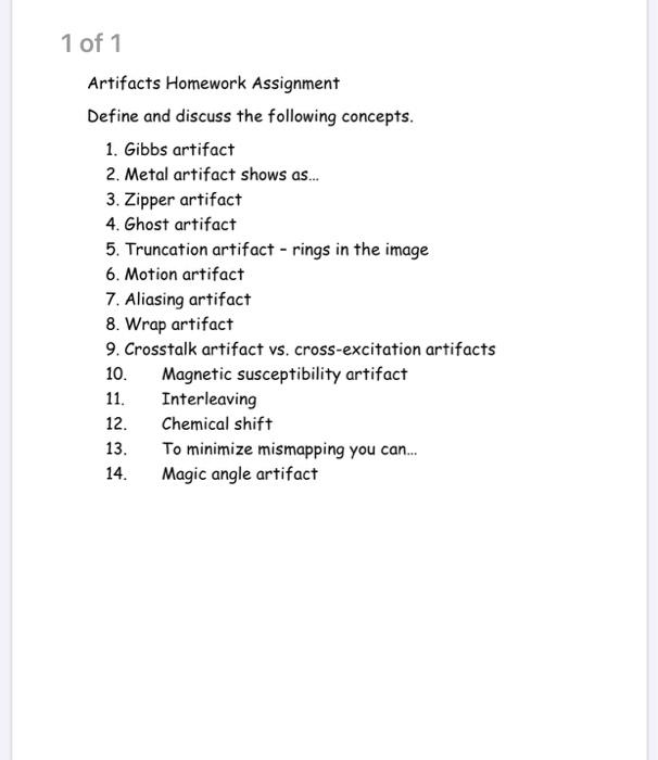 Solved 1 of 1 Artifacts Homework Assignment Define and | Chegg.com