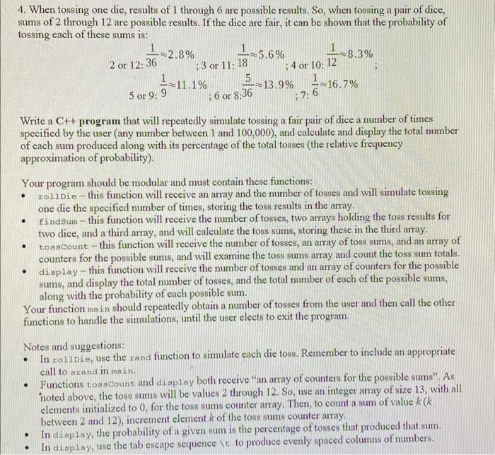 Solved 4. When tossing one die, results of 1 through 6 are | Chegg.com