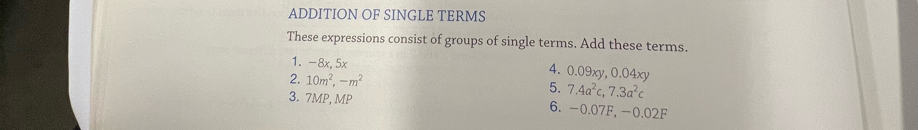 Solved ADDITION OF SINGLE TERMSThese expressions consist of | Chegg.com