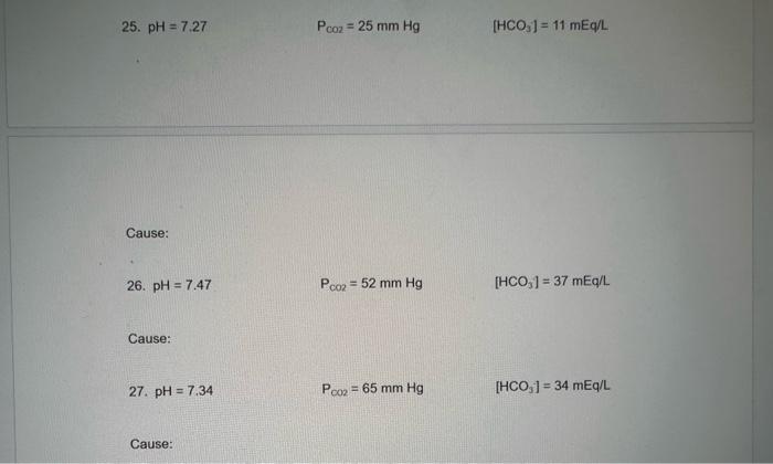 Solved 25. pH=7.27 PCO2=25 mmHg [HCO3]=11mEq/L Cause: 26. | Chegg.com
