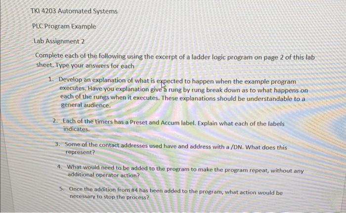 Solved TKI 4203 Automated Systems PLC Program Example Lab | Chegg.com