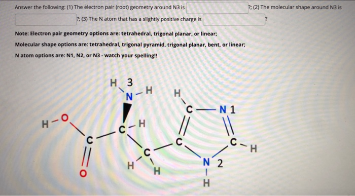 Solved ?; (2) The molecular shape around N3 is Answer the | Chegg.com