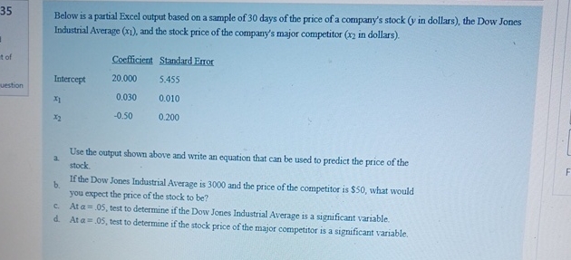 Solved 35Below is a partial Excel output based on a sample | Chegg.com