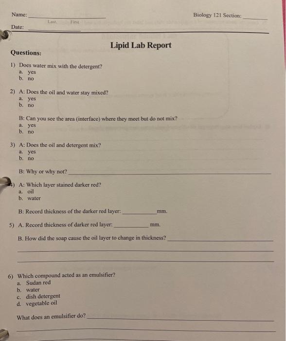 Solved Name: Biology 121 Section: Last First Date: Lipid Lab | Chegg.com