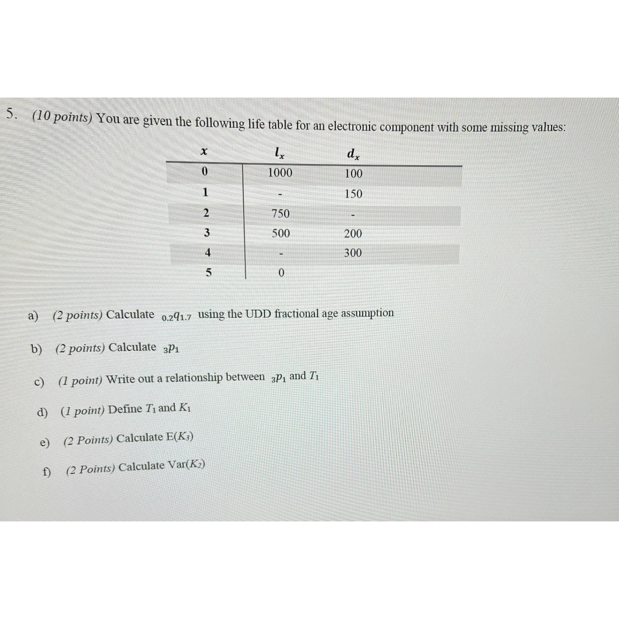 Solved (10 ﻿points) ﻿You are given the following life table | Chegg.com