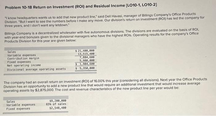 Solved Problem 10-18 Return on Investment (ROI) and Residual | Chegg.com