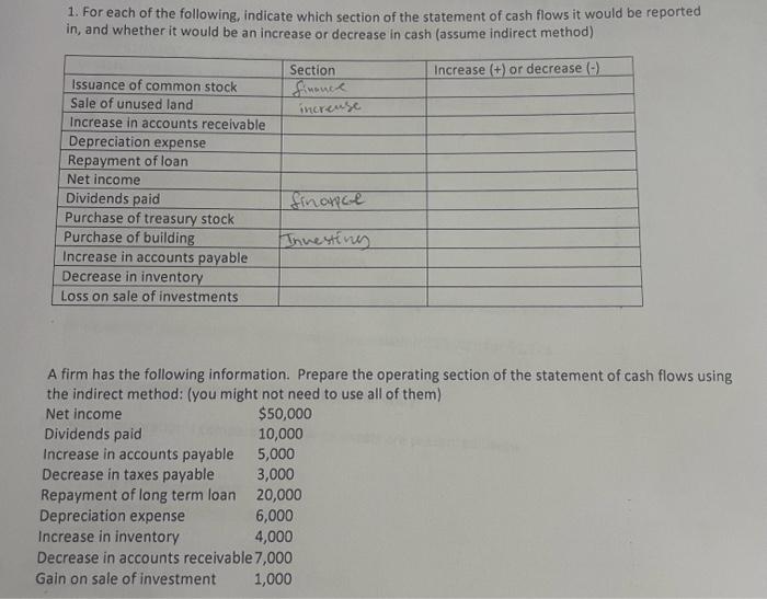 Solved 1. For each of the following, indicate which section | Chegg.com