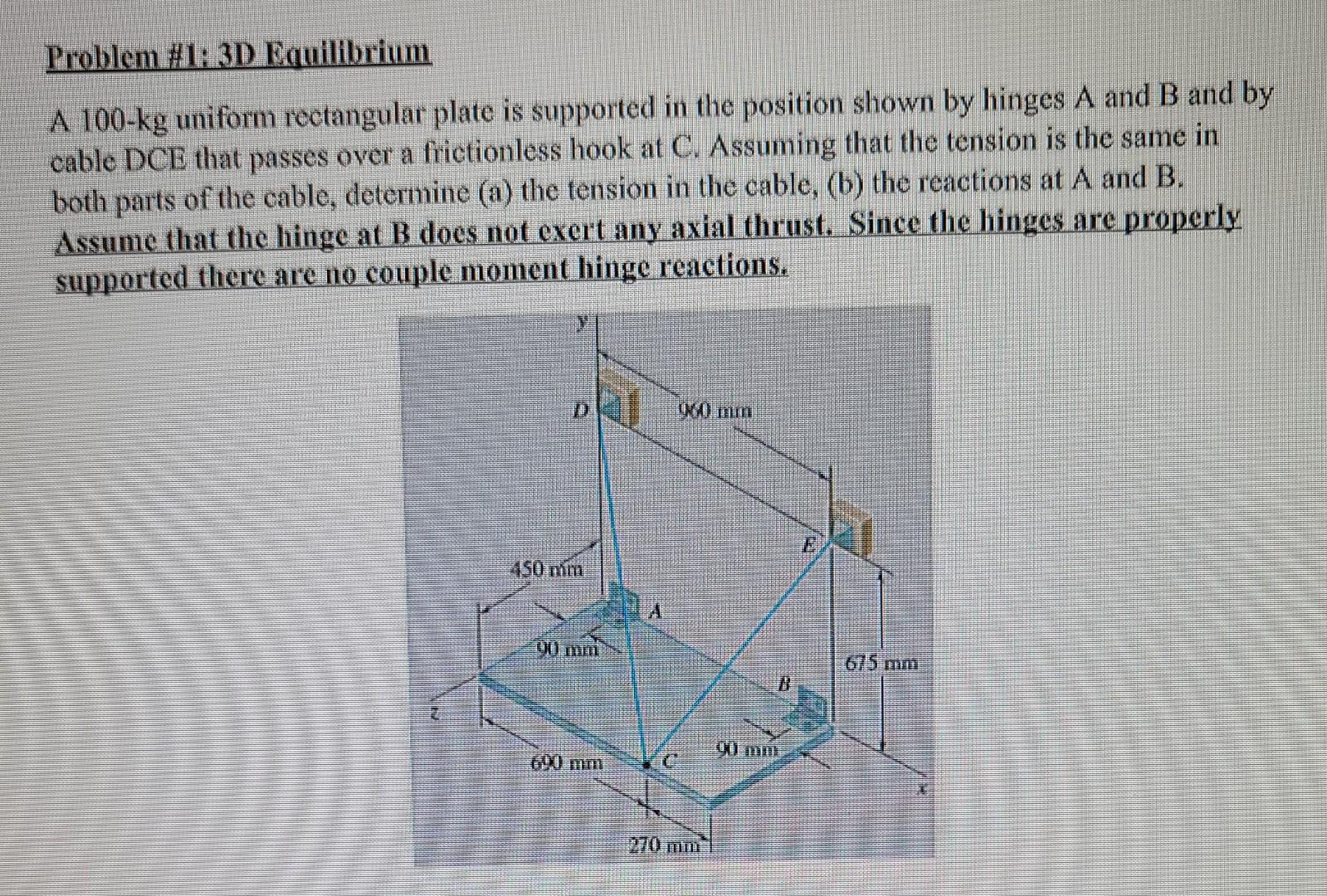 Solved Problem #1: 3D Equilibrium A 100-kg uniform | Chegg.com