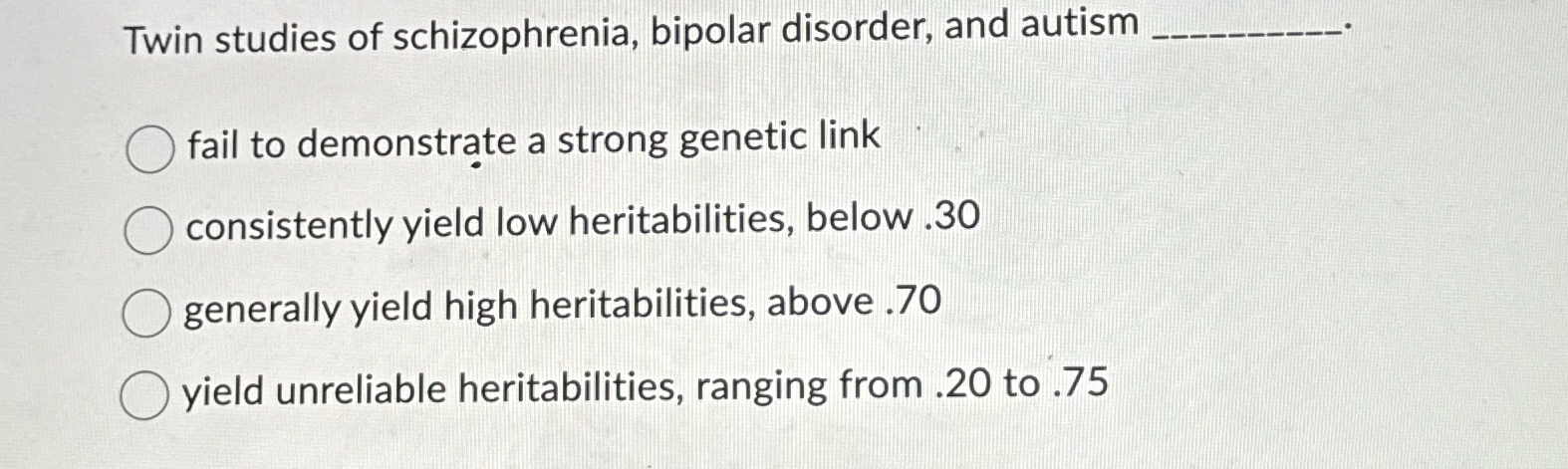 Solved Twin studies of schizophrenia, bipolar disorder, and | Chegg.com