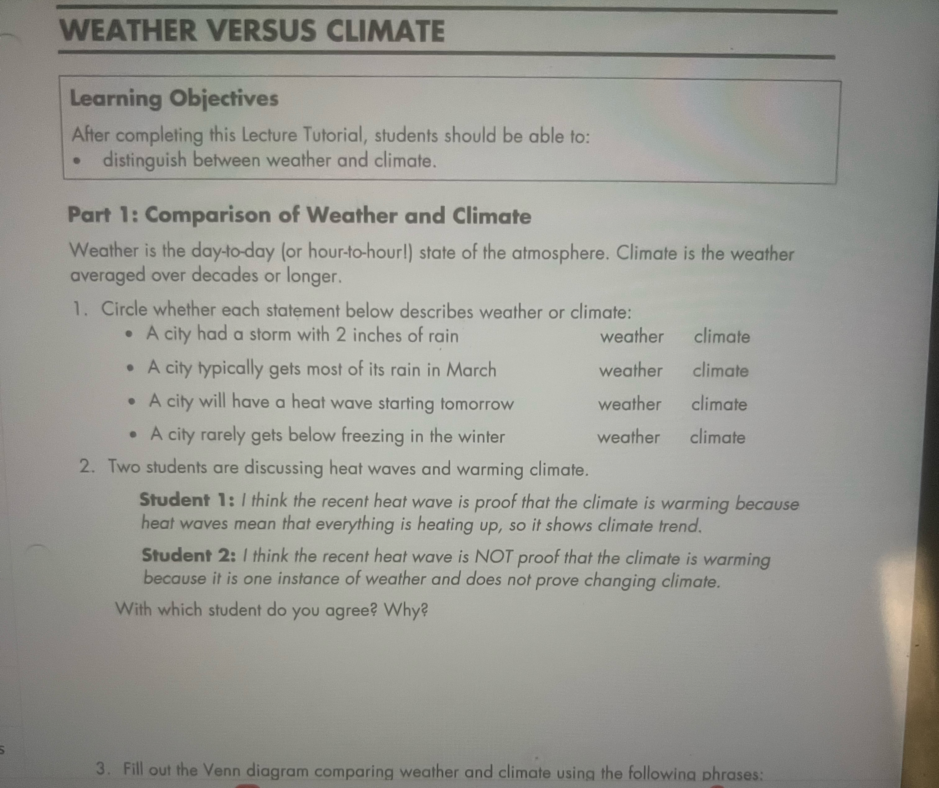 WEATHER VERSUS CLIMATELearning ObjectivesAfter | Chegg.com