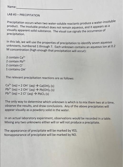 Solved Name: LAB #3 - PRECIPITATION Precipitation occurs | Chegg.com