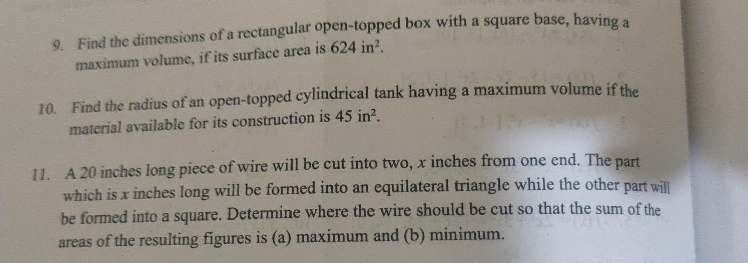 Solved 9. Find the dimensions of a rectangular open-topped | Chegg.com