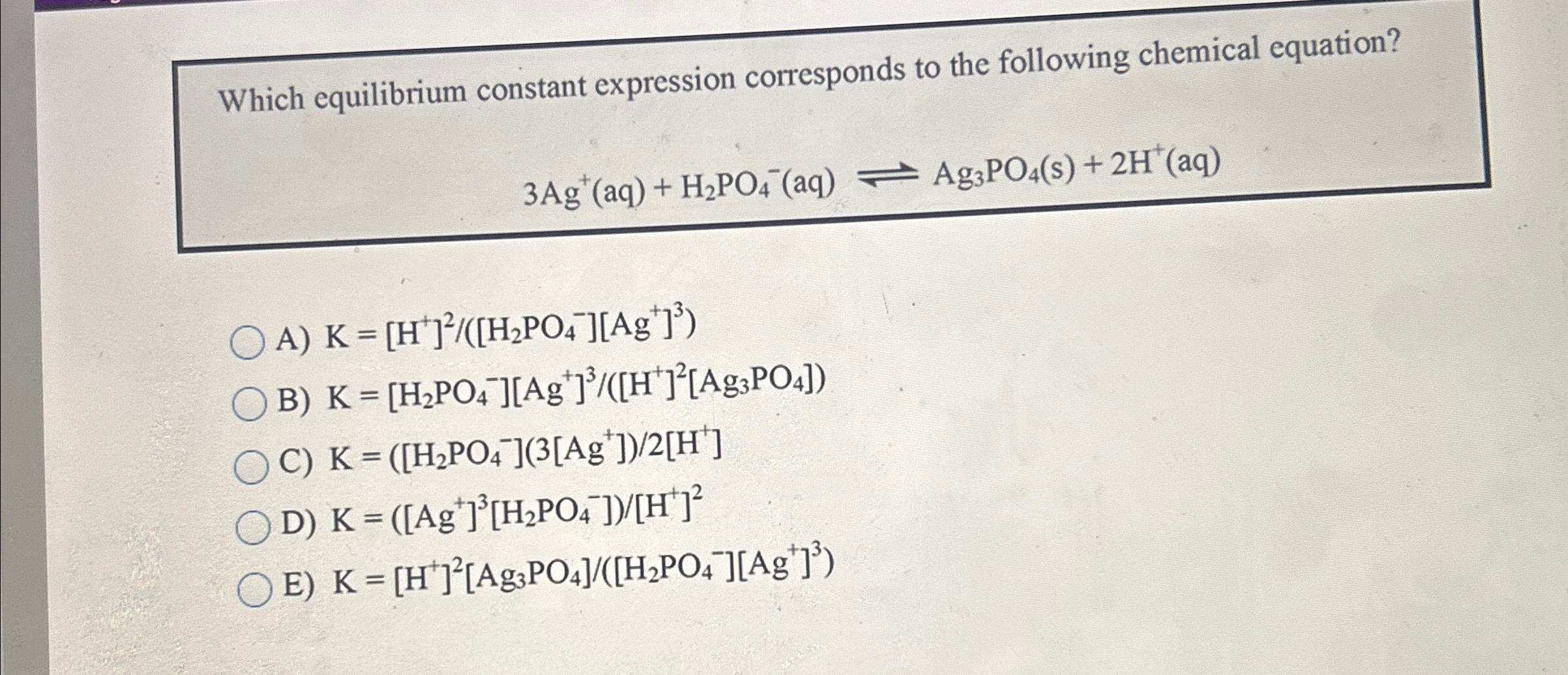 Solved Which equilibrium constant expression corresponds to | Chegg.com
