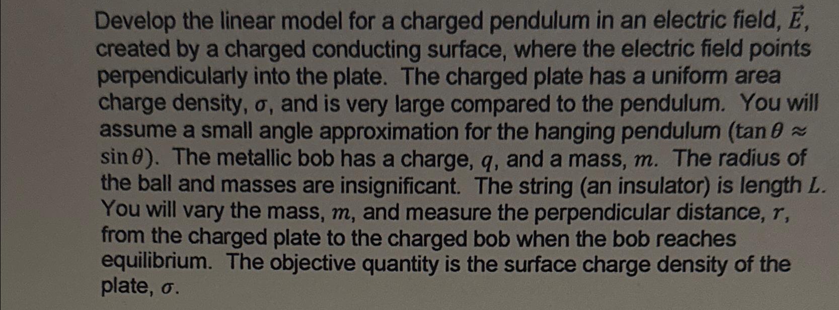 Solved Develop the linear model for a charged pendulum in an | Chegg.com
