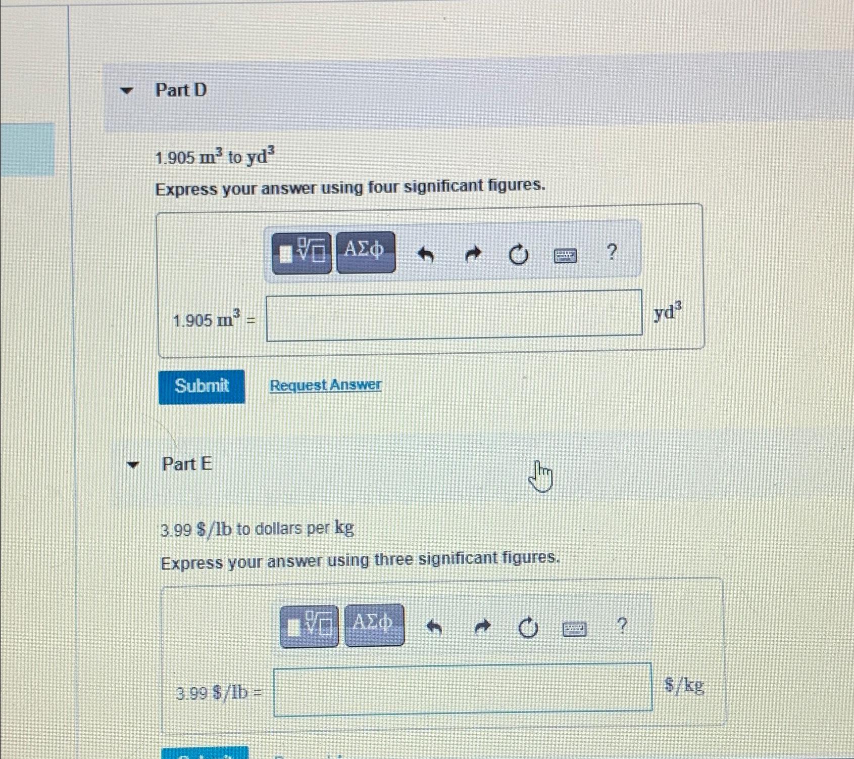 Solved Part D1.905m3 ﻿to yd3Express your answer using four | Chegg.com