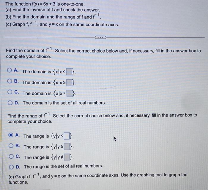 Solved The function f(x)=6x+3 is one-to-one. (a) Find the | Chegg.com