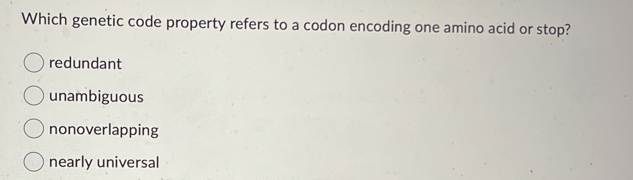 Solved Which genetic code property refers to a codon | Chegg.com