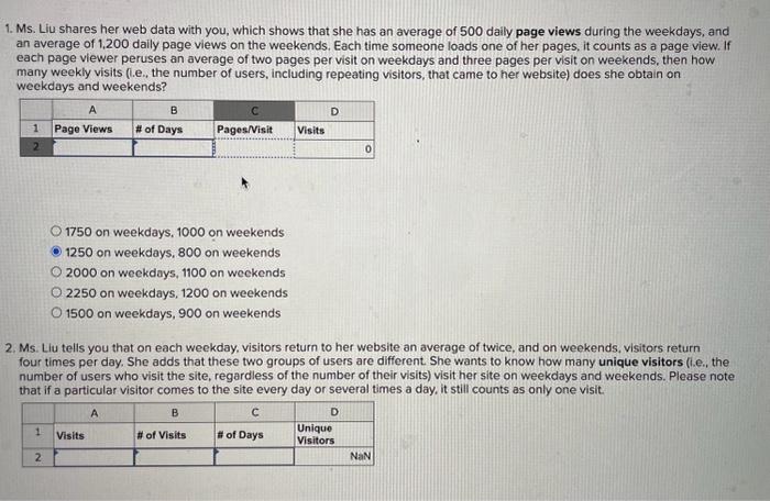 Solved 1. Ms. Liu shares her web data with you, which shows | Chegg.com