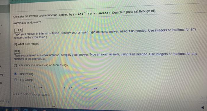 Solved Consider the inverse cosine function, defined by y | Chegg.com