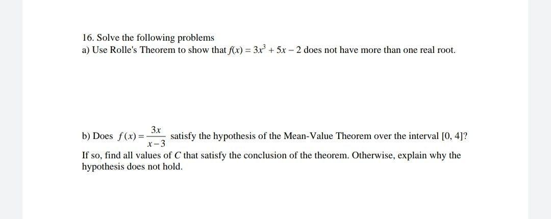Solved 16. Solve the following problems a) Use Rolle's | Chegg.com