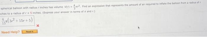 Solved spherical balloon with radius r inches has volume | Chegg.com