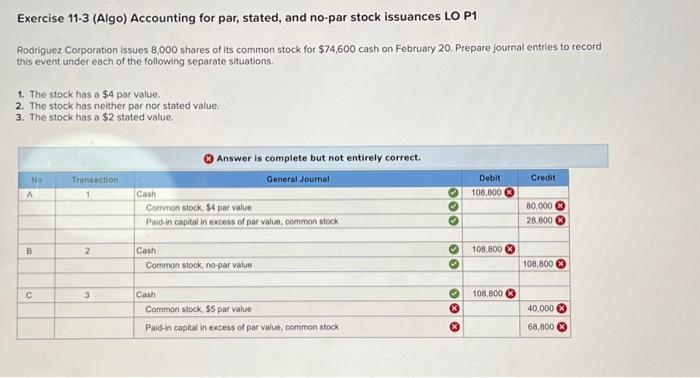 Solved Exercise 11-3 (Algo) Accounting for par, stated, and | Chegg.com Solved Exercise 11-3 (Algo) Accounting for par, stated, and | Chegg.com