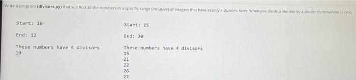 Solved Write a program (divisors.py that will find all the | Chegg.com