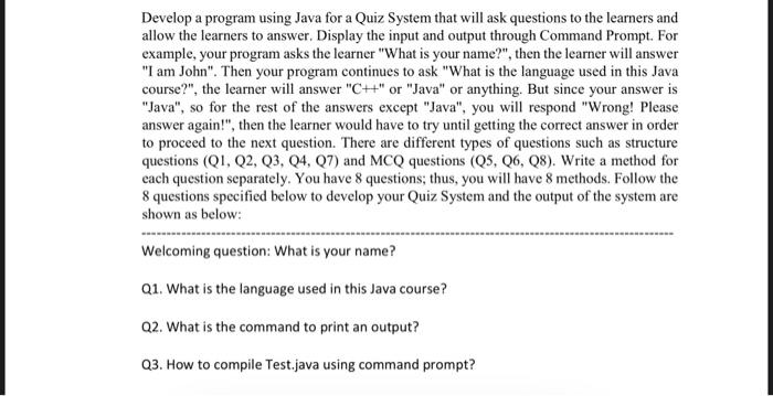 Solved Develop a program using Java for a Quiz System that | Chegg.com