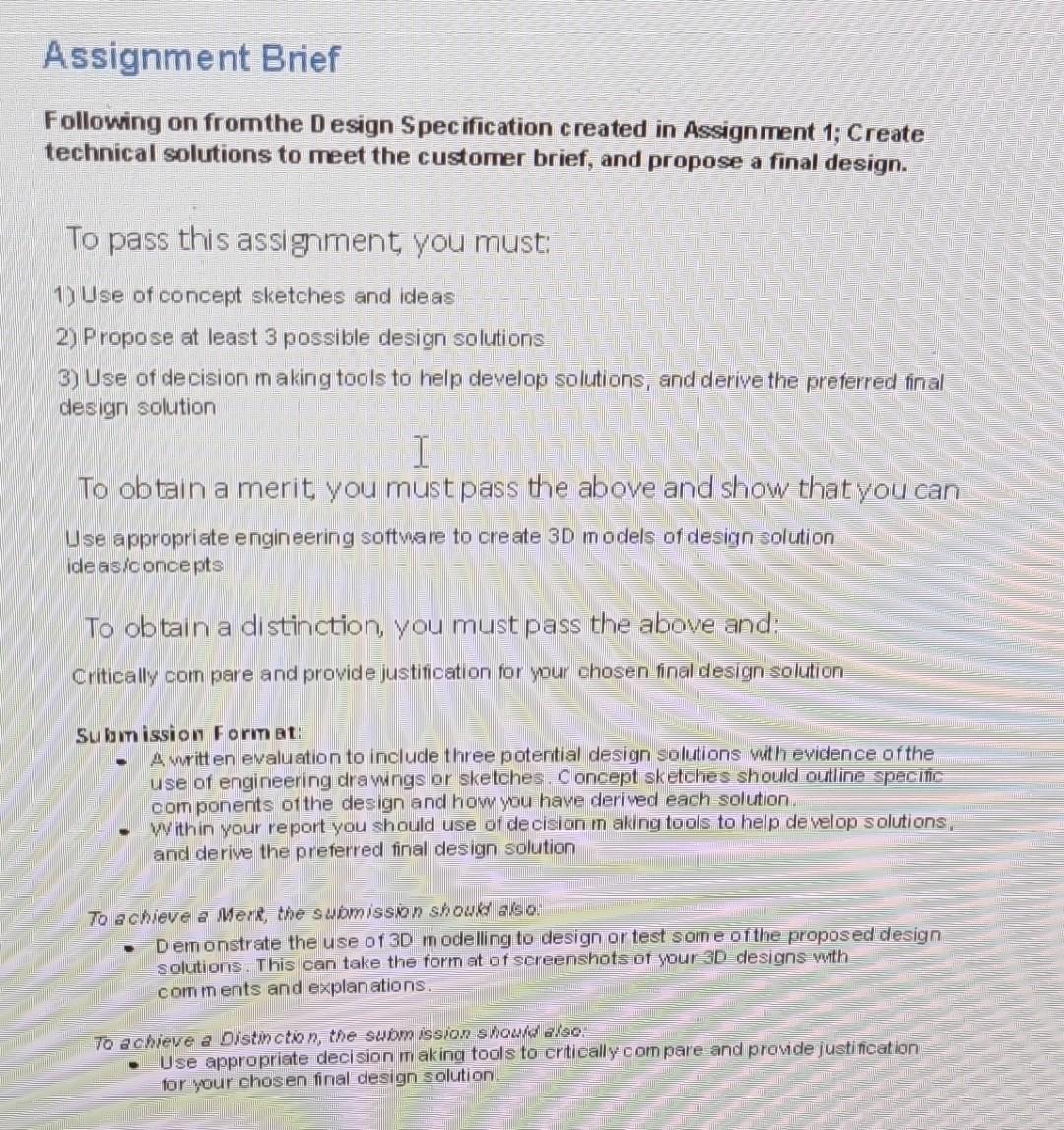 Solved Assignment Brief Following on fromthe D esign | Chegg.com