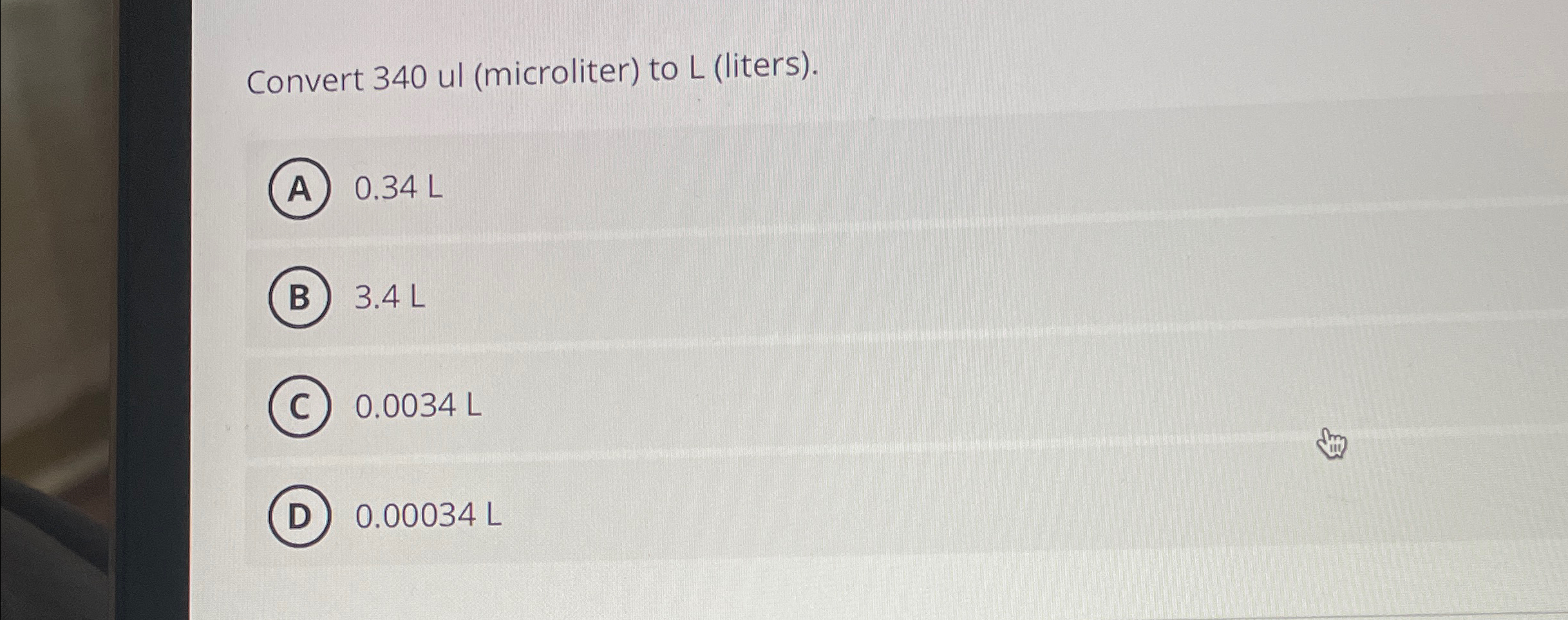 Solved Convert 340 ﻿ul (microliter) ﻿to L | Chegg.com