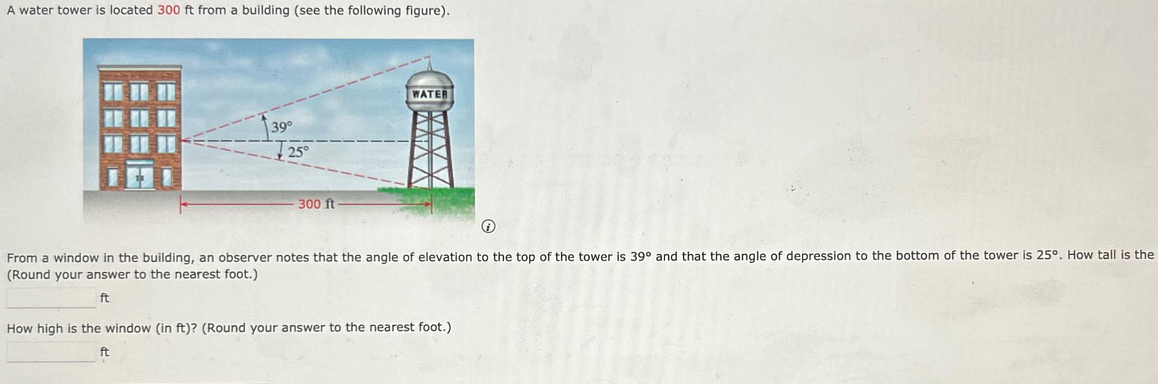 Solved A water tower is located 300ft ﻿from a building (see | Chegg.com