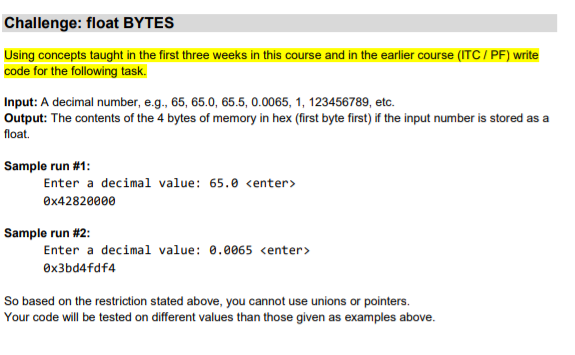 Solved Challenge: float BYTES Using concepts taught in the | Chegg.com
