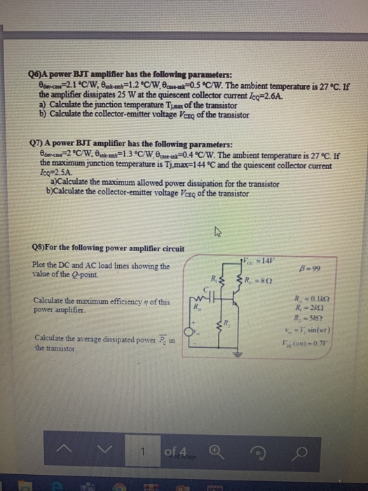 Solved QJA power BJT amplifier has the following parameters: | Chegg.com