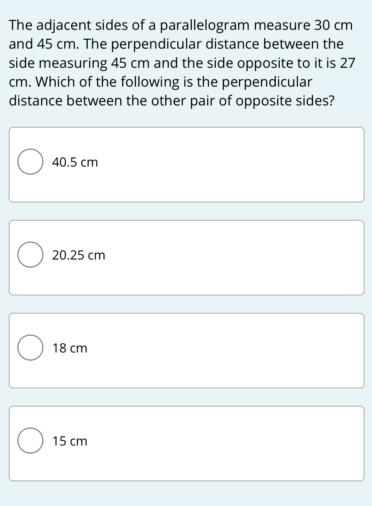 Solved The adjacent sides of a parallelogram measure 30cm | Chegg.com