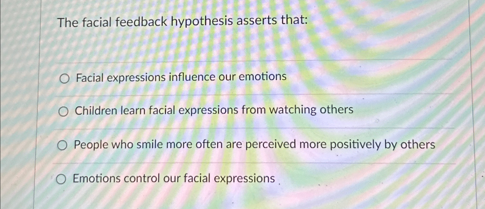 Solved The facial feedback hypothesis asserts that:Facial | Chegg.com