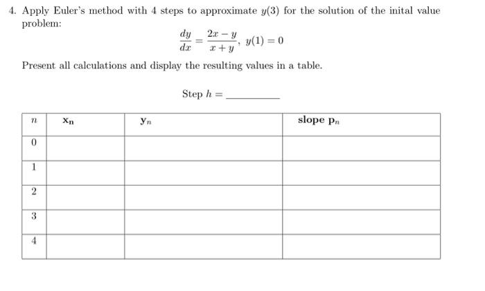 Solved Apply Euler's method with 4 steps to approximate y(3) | Chegg.com