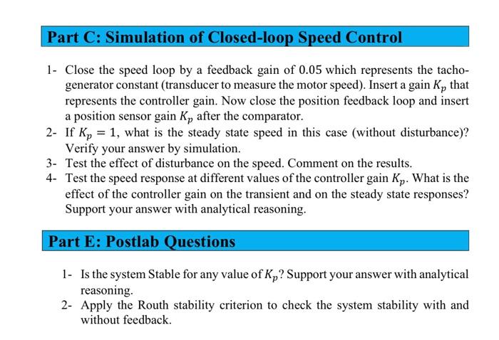 Solved Part C: Simulation of Closed-loop Speed Control 1. | Chegg.com
