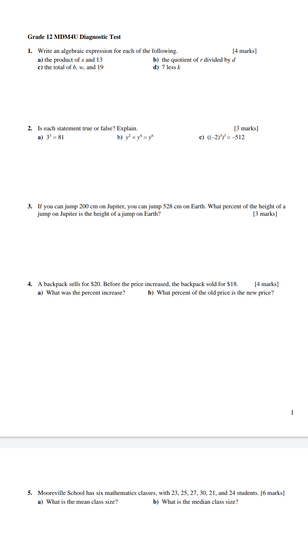 Solved Grade 12 MDM4U Diagnostic Test 1. Write an algebraic | Chegg.com