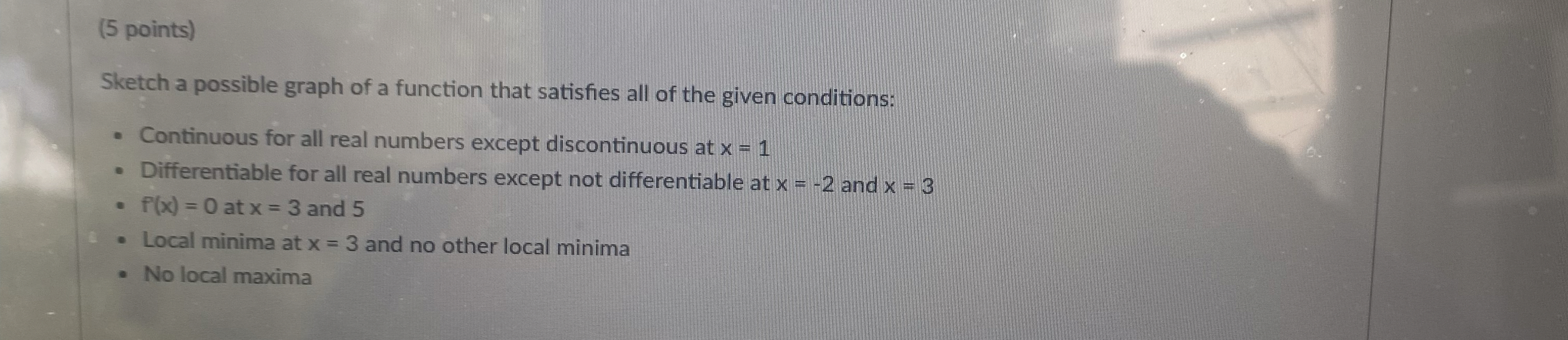 Solved (5 ﻿points)Sketch a possible graph of a function that | Chegg.com