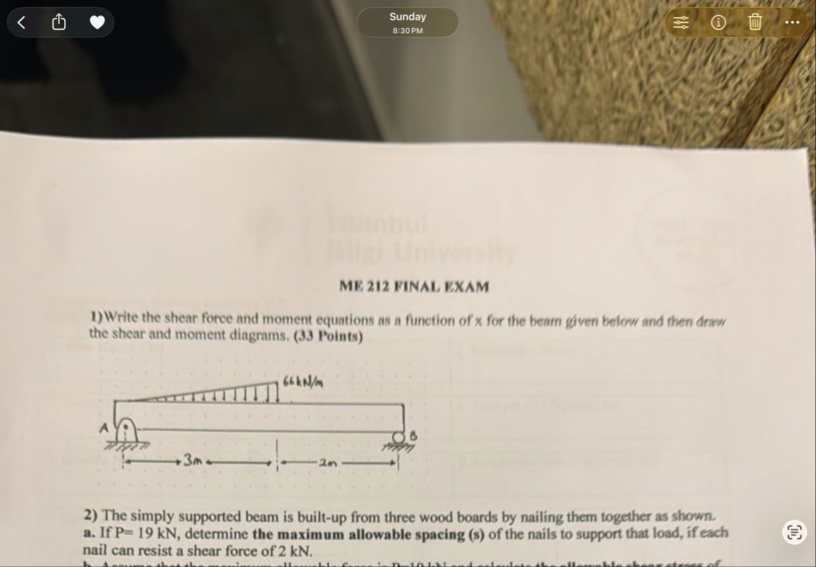 Sunday8:30 ﻿PMME 212 ﻿FINAL EXAMWrite the shear force | Chegg.com